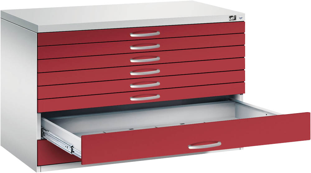 CP 7100 Planschrank lichtgrau, rubinrot 8 Schubladen 110,0 x 76,5 x 76,0 cm >> büroshop24