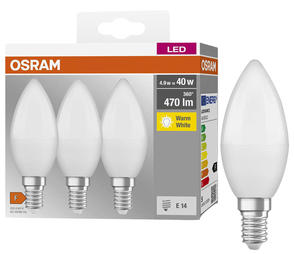 3 OSRAM LED-Lampen Base CLASSIC B40 Multipack E14 4,9 W matt >> büroshop24